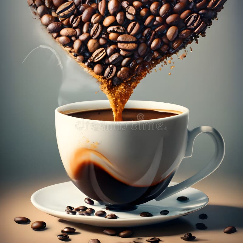 A White Cup Overflowing with Coffee Beans and Liquid, Creating an Energetic Swirl of Coffee in ...