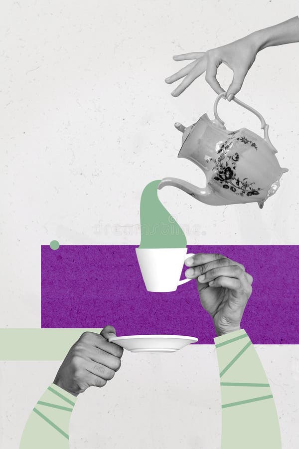 Image Poster Collage of Hand Hold Tea Pot Pour Liquid on Grey ...