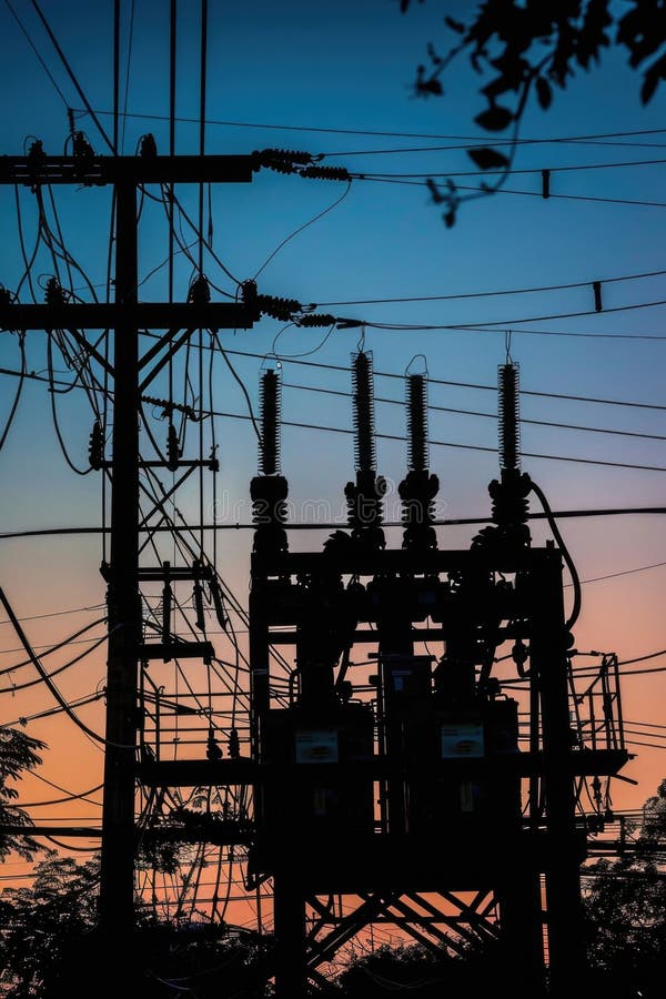Image of Power Lines and Electrical Equipment at Sunset Stock Photo ...