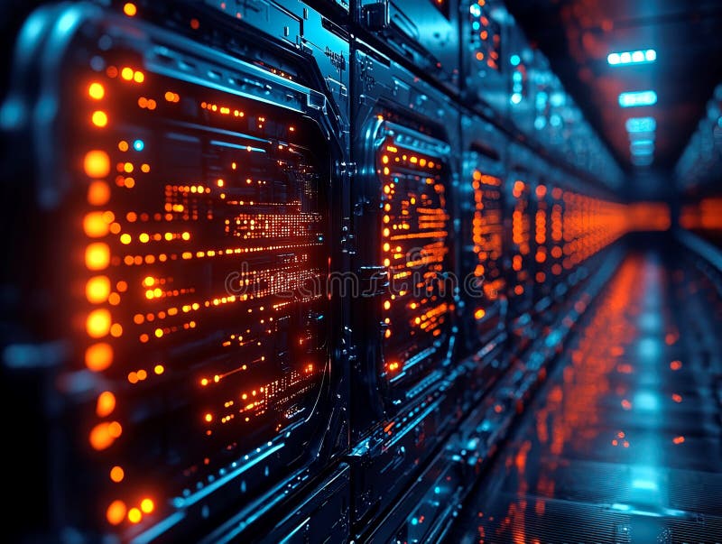 Image of a Powered-on Data Center with Multiple Server Racks, Organized ...