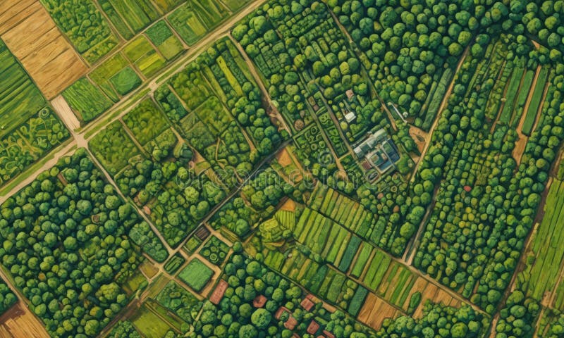 Aerial View Densely Populated Area with Mix Agricultural Fields, Roads ...