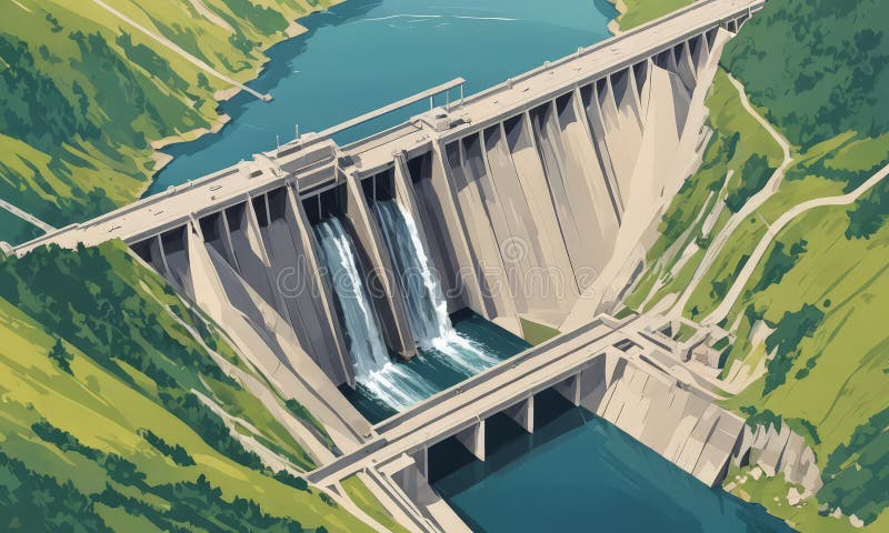 Aerial View Concrete Dam with Two Cascading Waterfalls, Surrounded by ...