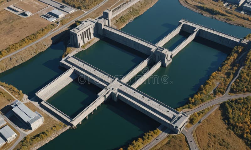 Aerial View Large Concrete Dam with Multiple Spillways, Surrounded by ...