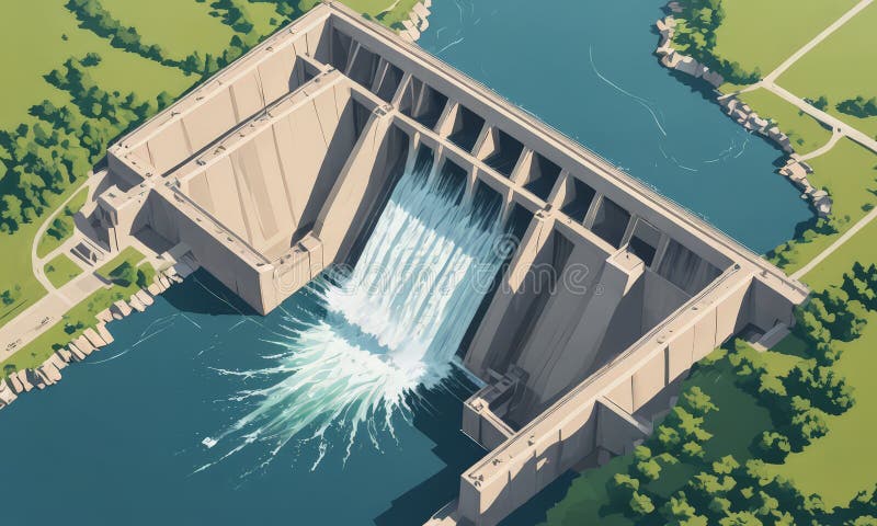 Aerial View Concrete Dam with Waterfall, Surrounded by Lush Green ...