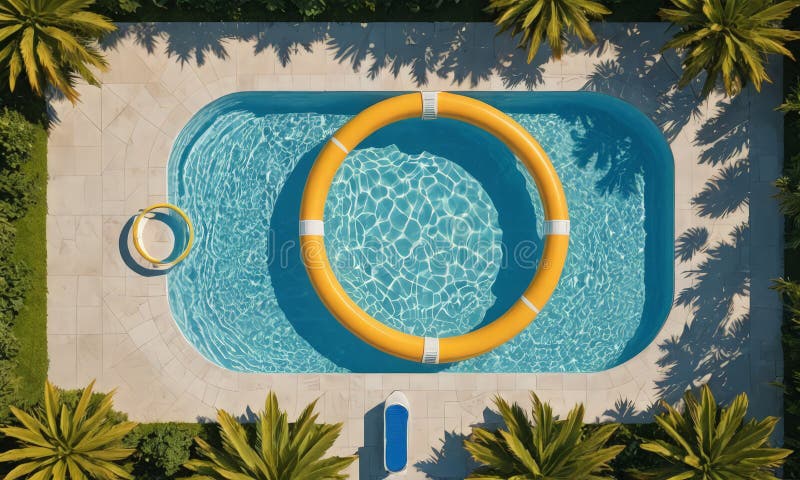 Aerial View Rectangular Swimming Pool with Yellow Life Ring, Surrounded ...