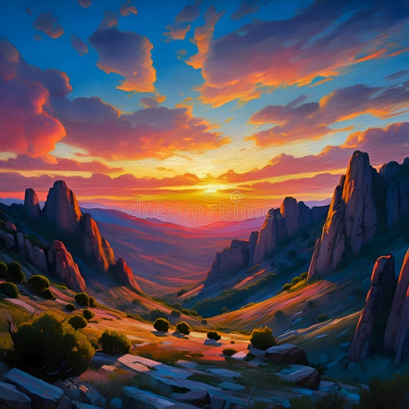 AI Generated Stylized Mountainous Landscape at Sunset Stock ...
