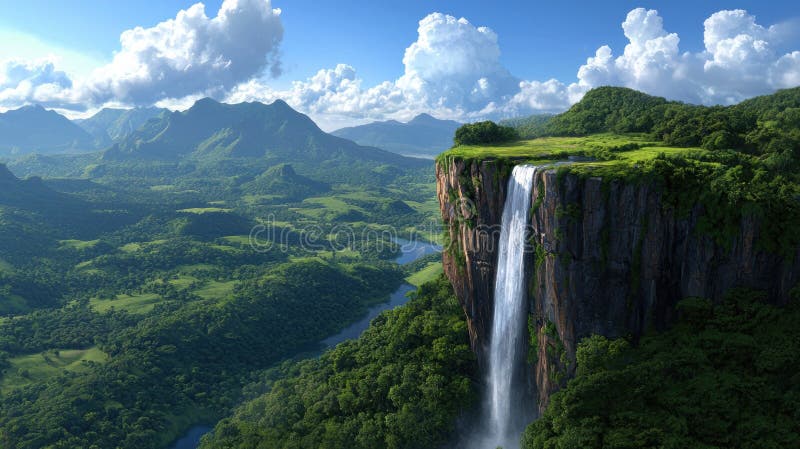 A Waterfall Cascades Down a Cliff into a River, Surrounded by Lush ...
