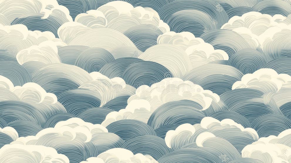 A Repeating Pattern of Stylized Clouds and Waves in Shades of Blue and White. Stock Image ...