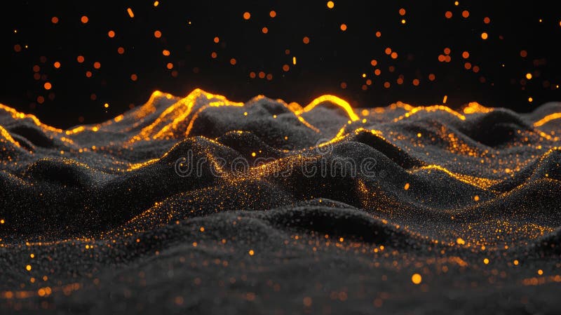 A 3D Rendering of a Dark, Rocky Surface with Glowing Orange Particles ...