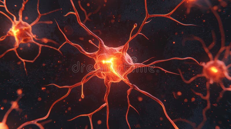 A 3D Rendering of a Network of Red and Orange Neurons, Glowing with a ...