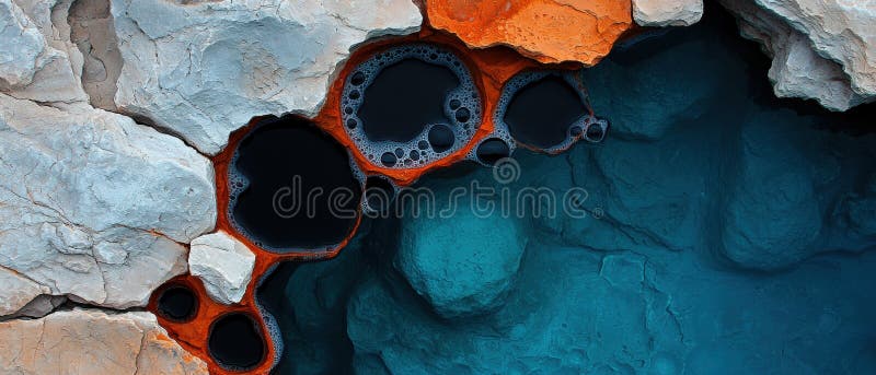 A Deep Blue Cave with Orange Rock Formations and Black Bubbles. Stock ...