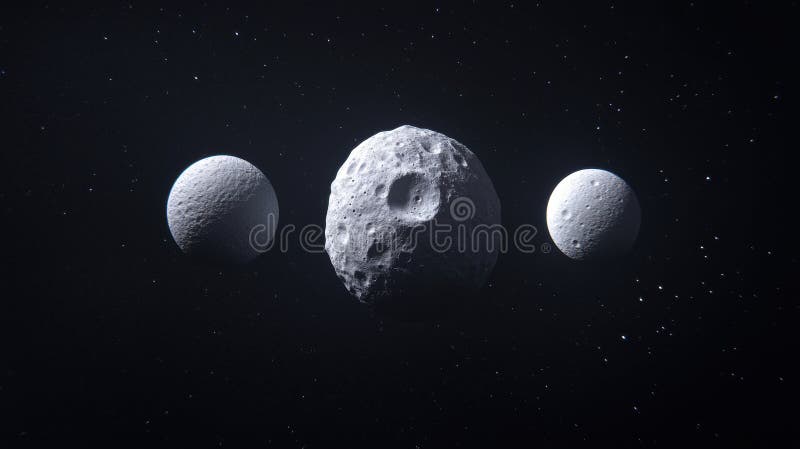 A Black and White Image of Three Moons Orbiting Around a Central Planet ...