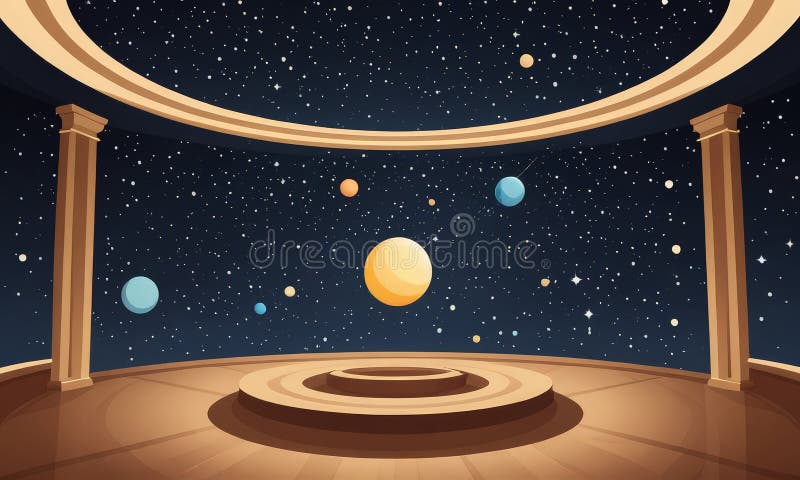 Circular Platform With Dome Ceiling And Columns Overlooks Starry Night Sky Featuring Yellow