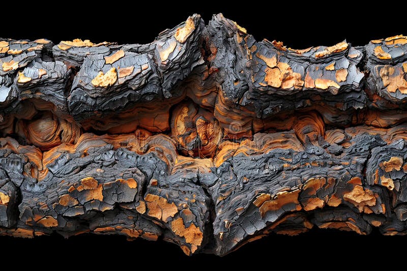 Detailed Cross-Section View of Charred Tree Trunk with Annual Rings and ...
