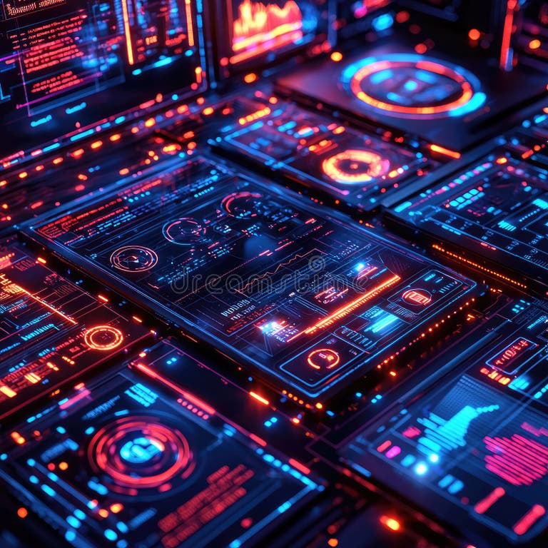 Futuristic Data Display Digital Interface with Glowing Red and Blue ...