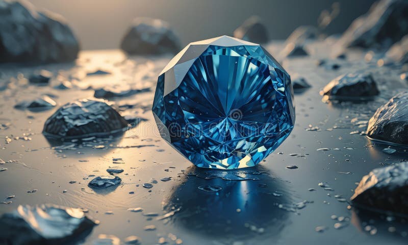 Blue Diamond-shaped Gemstone with Pointed Top Sits on Reflective ...
