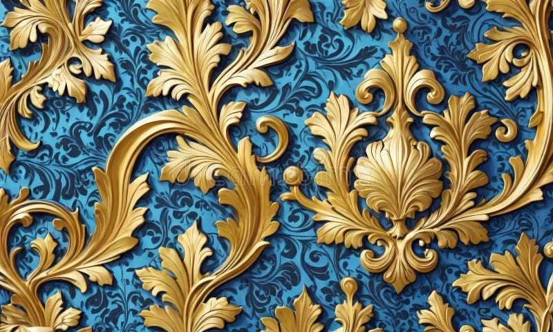 Close-up View Blue and Gold Damask Pattern, Featuring Intricate Gold ...