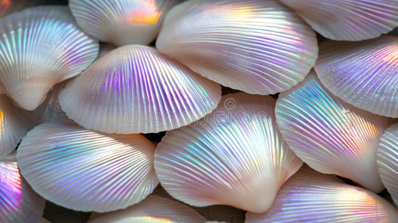 A Collection of Lustrous Seashells with Iridescent Hues, Arranged in a ...