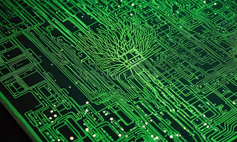 Close-up View Complex Green Circuit Board with Intricate Patterns and ...