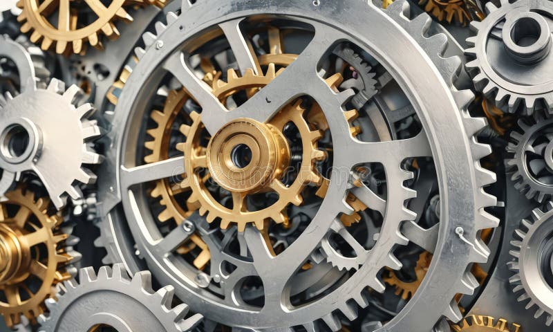 Close-up View Complex Mechanical System, Featuring Central Gear with ...