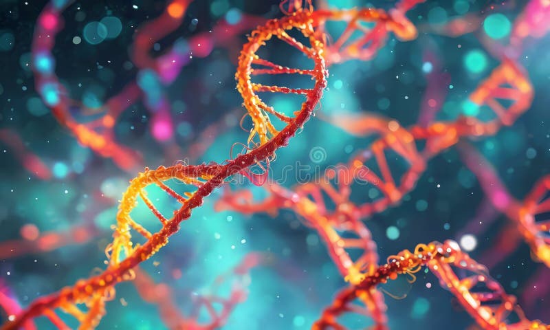 Close-up View DNA Double Helix, with Vibrant Orange and Red Strands ...