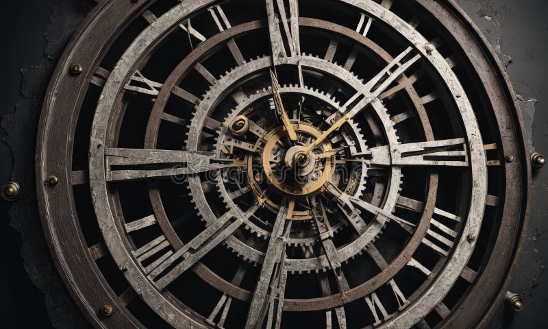 Close-up View Complex Mechanical Clock Face with Roman Numerals and ...