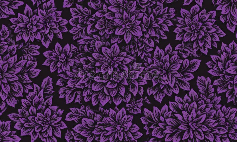 Repeating Pattern Purple Flowers with Green Leaves Against Black ...
