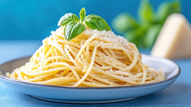 Pasta with Parmesan Cheese and Basil on a Blue Table. Stock Image ...