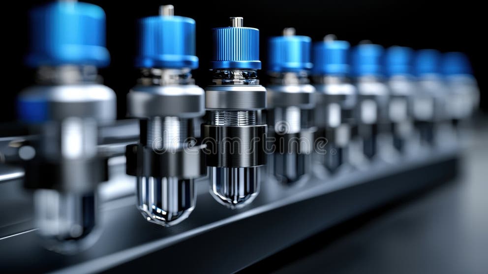 A Row of Blue and Silver Cylindrical Objects with Black Rings and ...