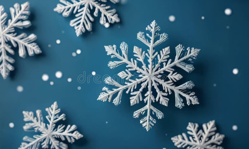 Close-up View White Snowflakes Against Dark Blue Background, with Some ...