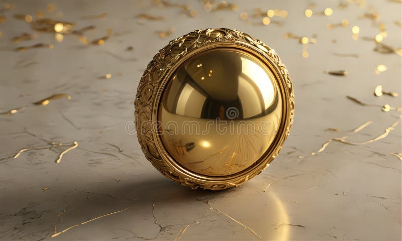 Golden Oval-shaped Object with Reflective Surface Sits on Marble ...