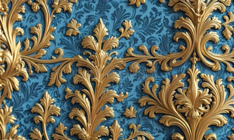 Close-up View Blue Wall with Gold Leaf Patterns, Featuring Intricate ...