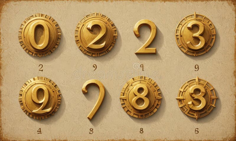 3x3 Grid Golden Numbers and Symbols, Including 0, 2, 3, 4, 5, 6, 7, 8 ...