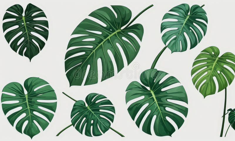 Collection Nine Tropical Leaves in Various Shades Green, Arranged in ...
