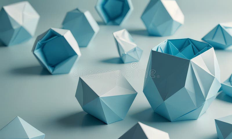 Collection Origami Geometric Shapes in Shades Blue and White, Arranged ...