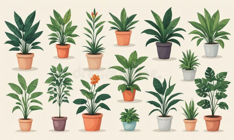 Grid 12 Potted Plants in Various Sizes and Colors, Arranged in ...