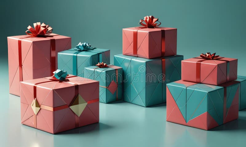 Collection Seven Gift Boxes in Pink, Blue, and Teal, Adorned with Red ...