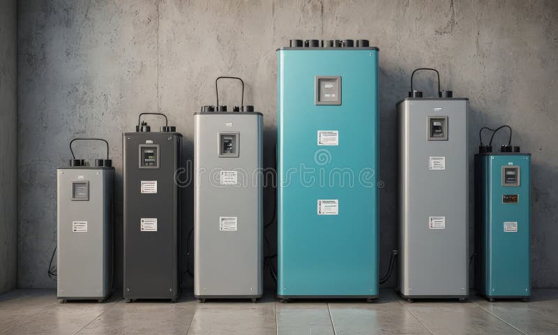 Six Identical Gray and Blue Rectangular Boxes with Black Handles are ...