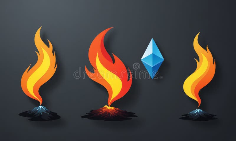 Three Stylized Flames Varying Sizes and Colors are Arranged in Row ...