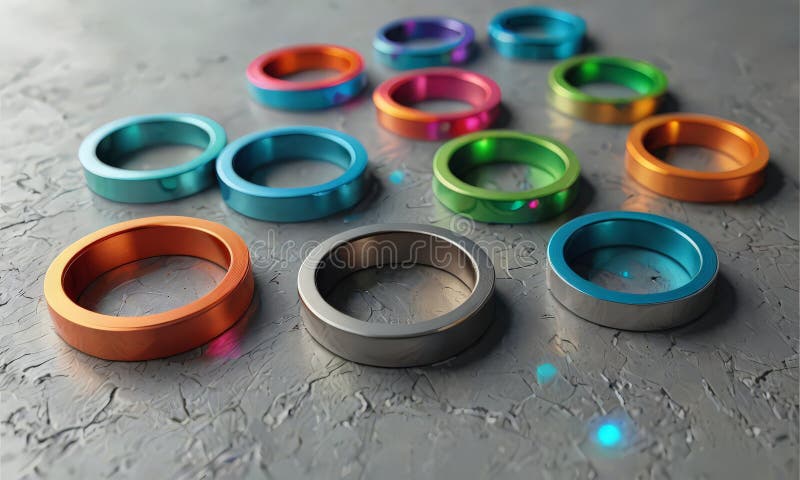 Collection Colorful Metal Rings, Including Blue, Orange, Green, and ...