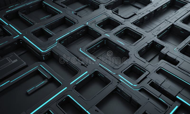 Complex 3D Grid Black Cubes and Rectangles, with Blue Lines Connecting ...