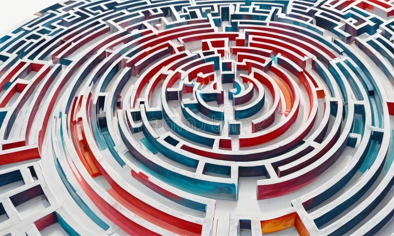 Complex 3D Maze with Red, Blue, and White Walls and Central Red Circle ... Complex 3D Maze with Red, Blue, and White Walls and Central Red Circle ...