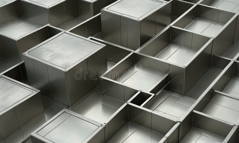 Complex Arrangement Metallic Cubes in Various Shades Gray, Creating ...