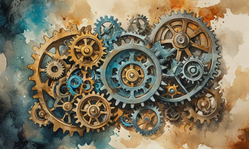 Complex Arrangement Gears in Various Shades Blue, Gold, and Silver ...