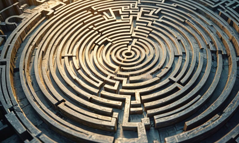 Abstract Complex, Circular Maze with Central Hole, Illuminated by Warm ...