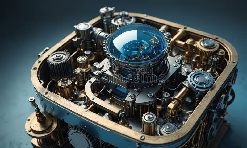 Complex Mechanical Device with Intricate Gears, Dials, and Blue Dome ...