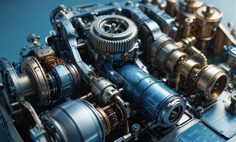 Close-up View Complex Mechanical Engine, Featuring Intricate Blue and ...