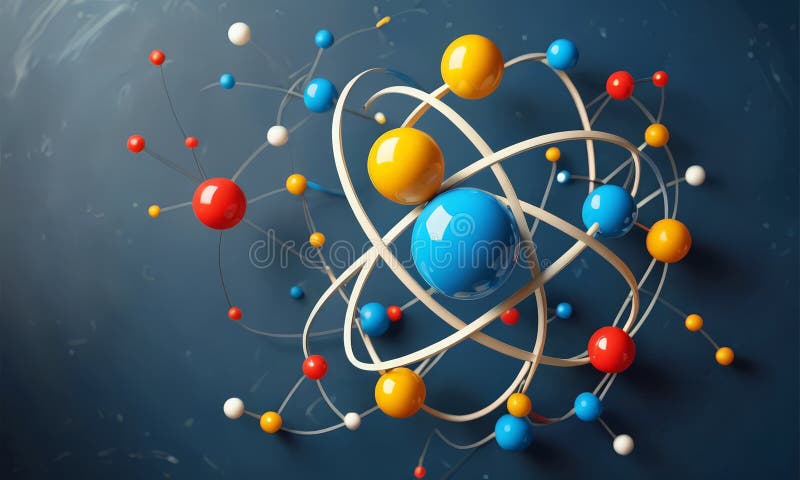 3D Atom, Composed Colorful Spheres and Lines, is Depicted Against Dark ...