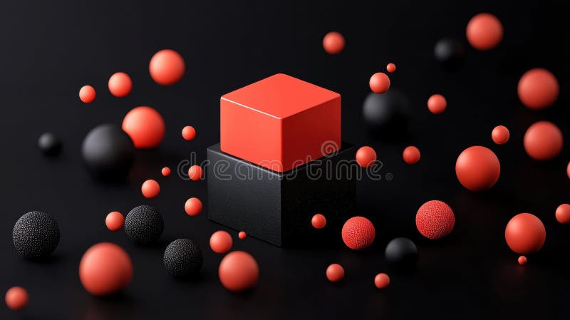 A 3D Rendering of a Red Cube Surrounded by Black Spheres. Stock ...