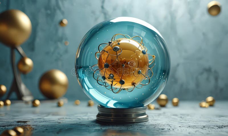 3D Blue Glass Sphere with Gold-colored Atom Inside, Surrounded by ...